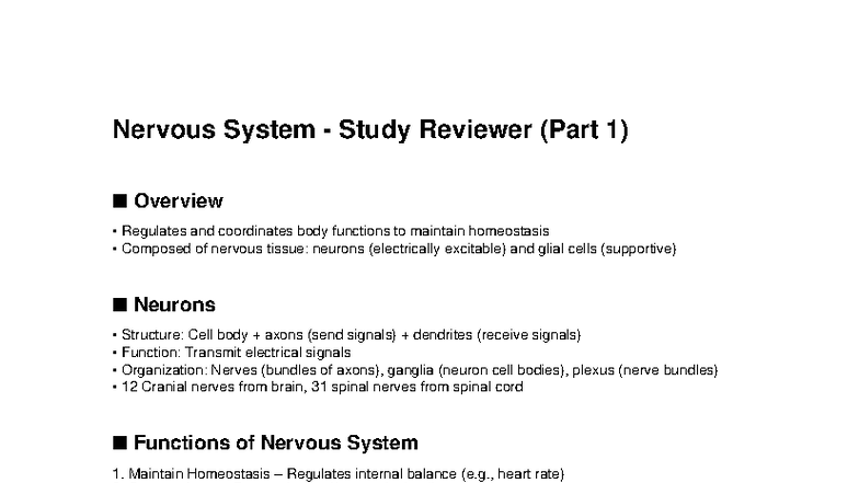 Nervous System Study Reviewer (Part 1): Key Concepts & Functions - Studocu