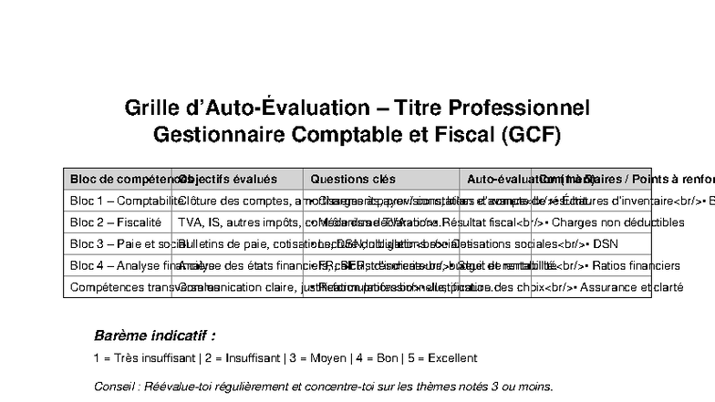 Grille d'Auto-évaluation GCF: Compétences en Gestion Comptable et Fiscale - Studocu