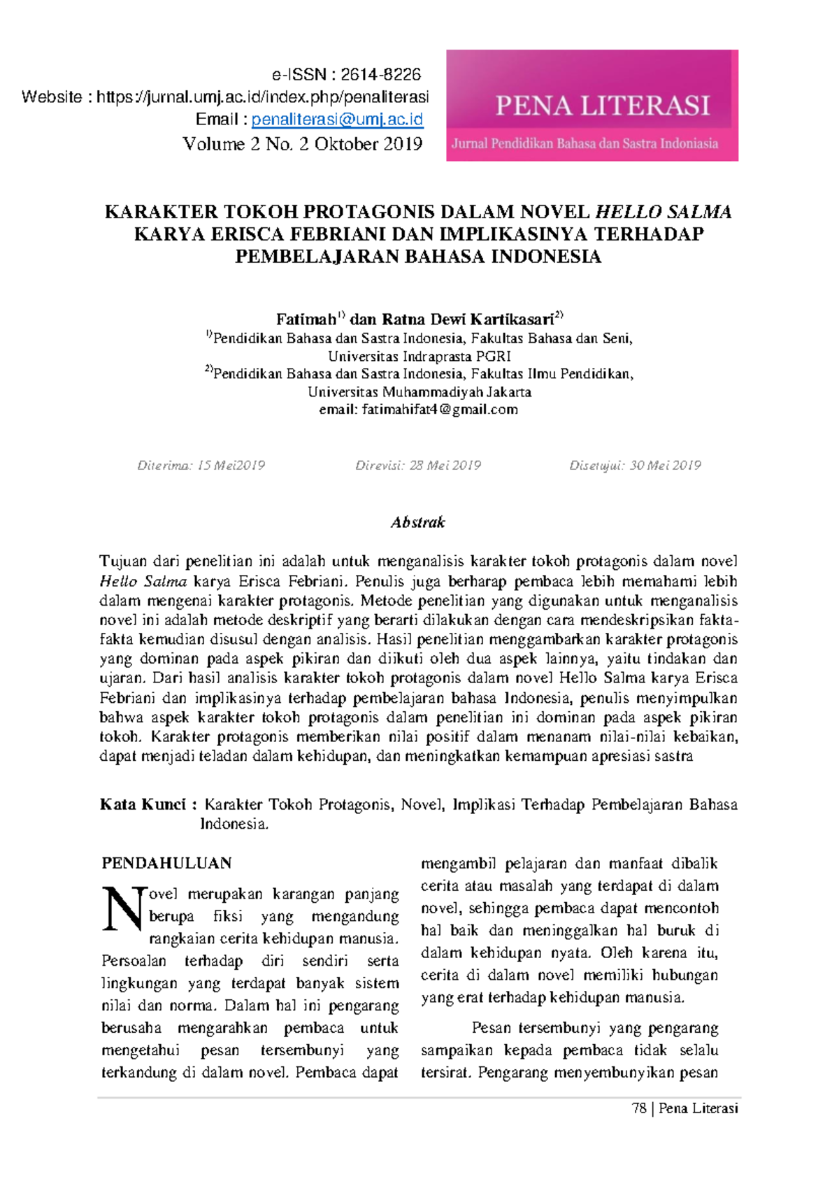 Contoh Artikel Ilmiah (Jurnal) - e-ISSN : 2614-. Website : jurnal.umj ...