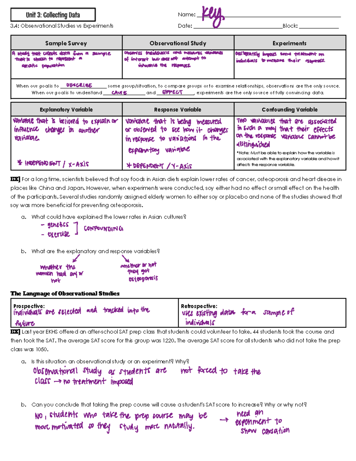 3.4: Observational Studies vs Experiments - 3 Stats Notes Key - Studocu