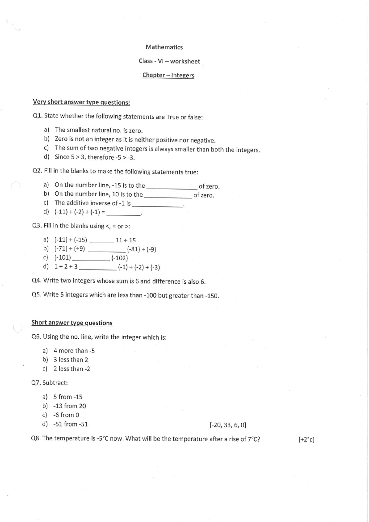Mathematics Class VI Worksheet: Chapter on Integers - VSA Questions ...