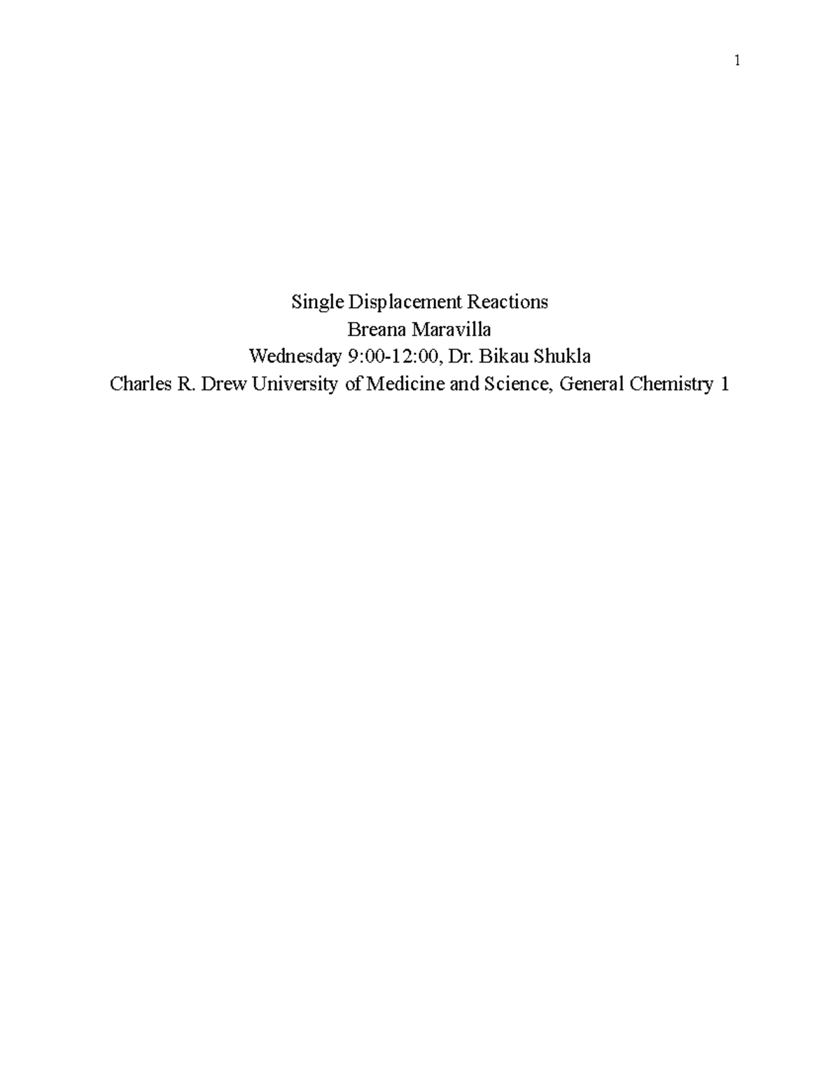 General Chemistry 1 - Single Displacement Reaction Lab Report #5 - Studocu