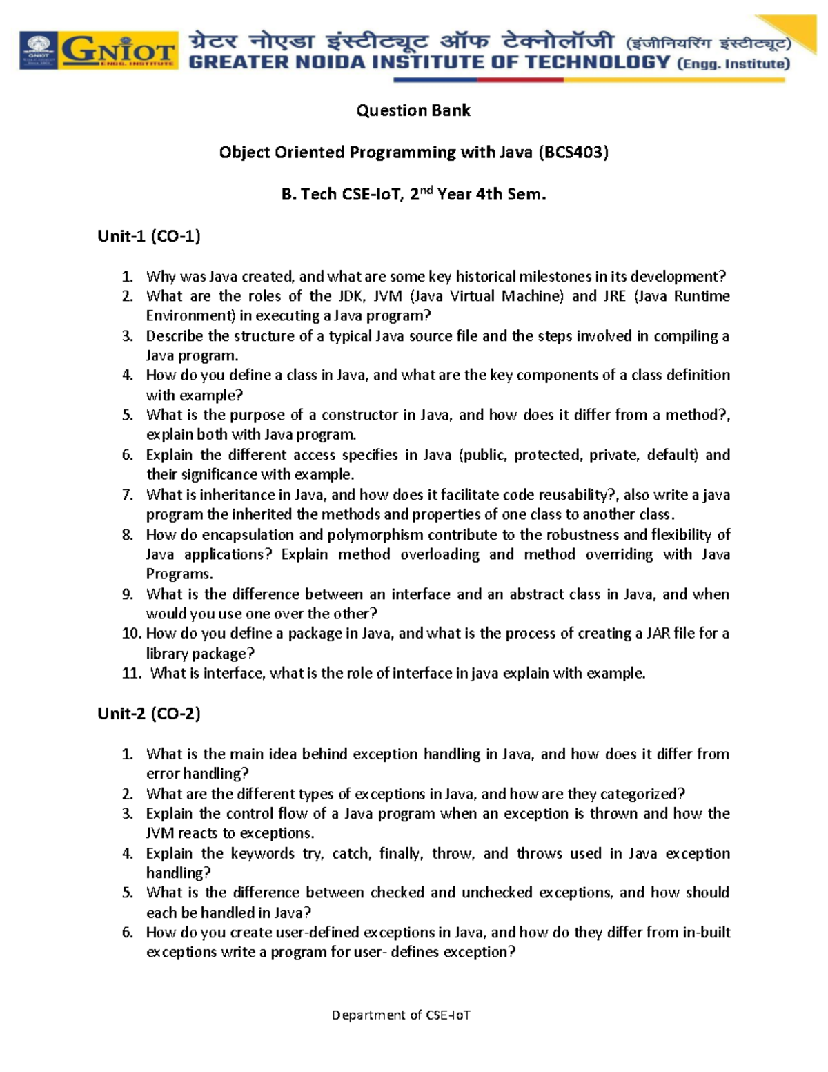 Java Question Bank (BCS403) for B. Tech 2nd Year 4th Sem - Studocu