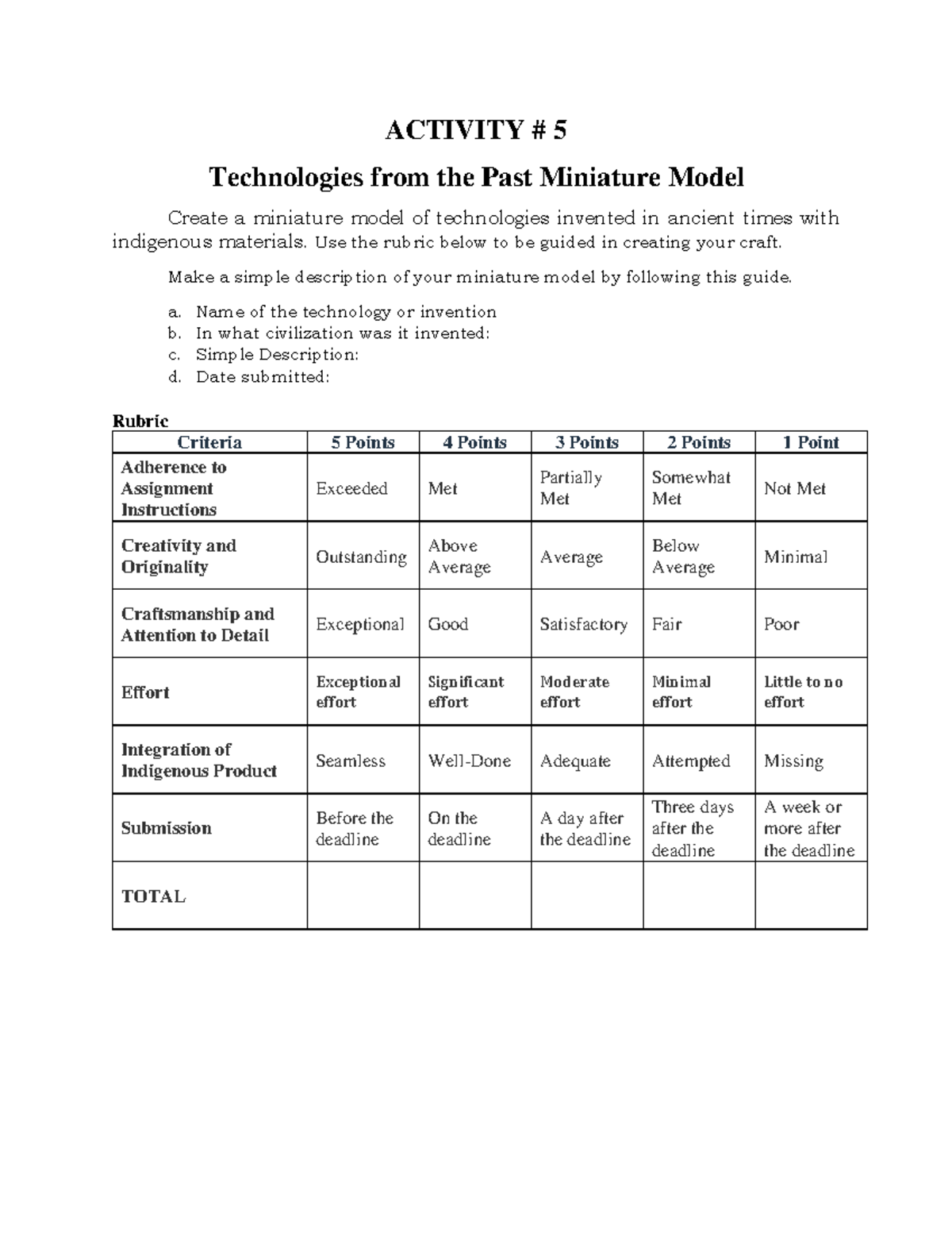 Rubric for Miniature Model Project in Ancient Technologies - Studocu