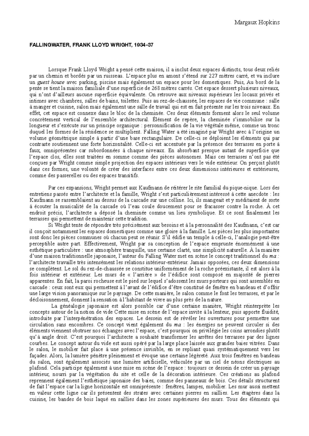 Wright, Étude sur l'intérieur de l'édifice The Falling Water - Grade ...