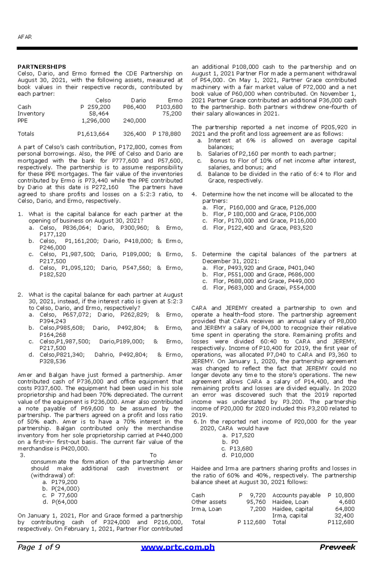 AFAR - AFAR Problems and Questions - Page 1 of 9 prtc.com Preweek AFAR PARTNERSHIPS Celso, Dario ...
