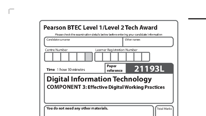 Pearson BTEC Level 2 Tech Award: Component 3 Exam Paper 21193L - Studocu