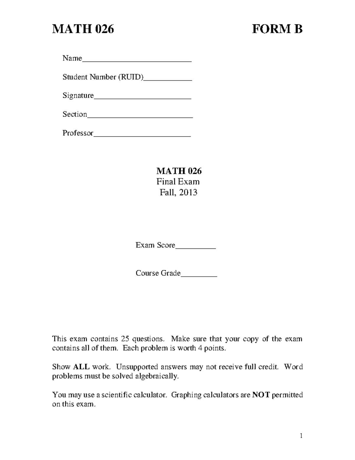 Fall 2013 MATH 026 Final Exam Practice Questions and Solutions - Studocu