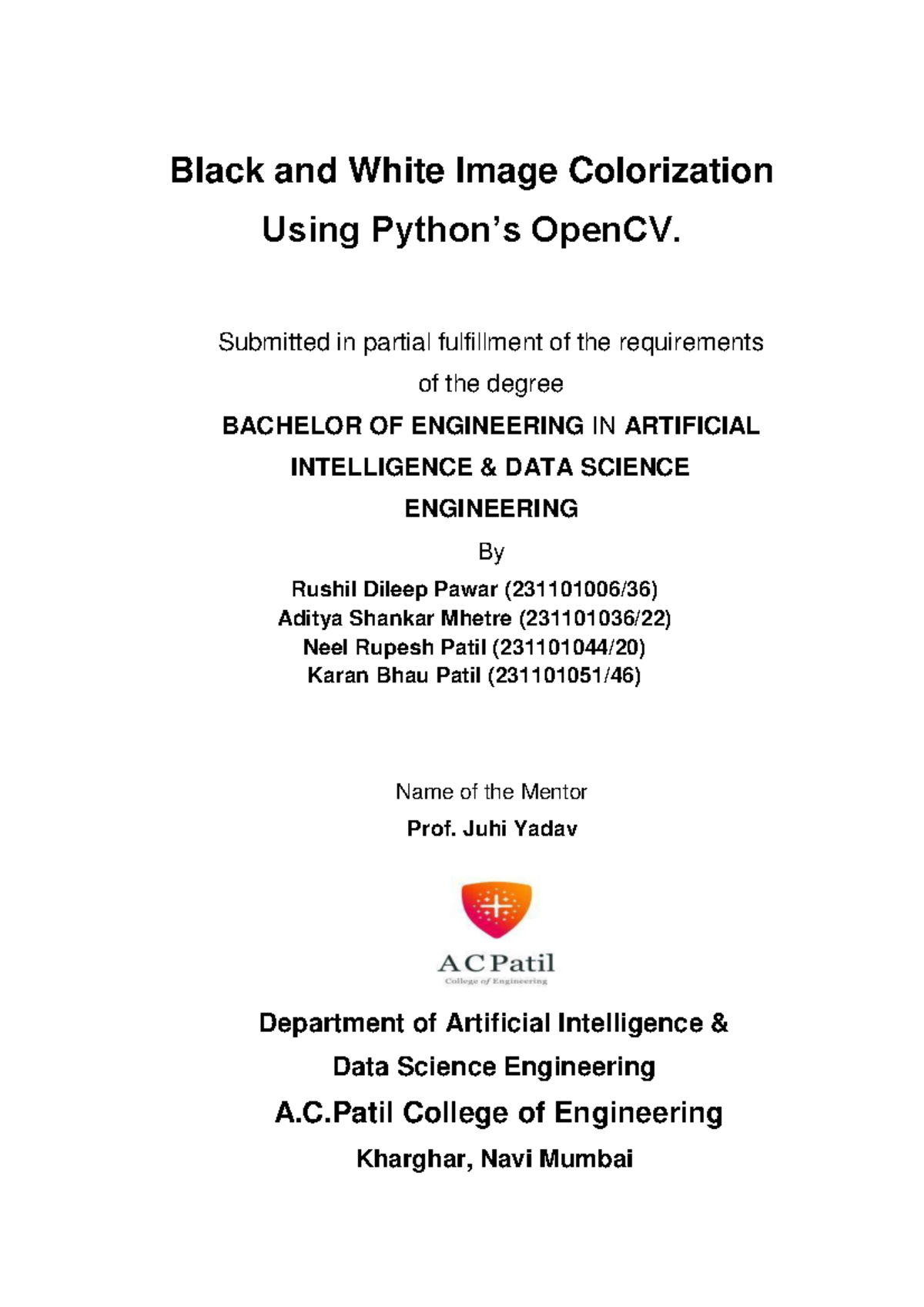 Colorization of Black and White Images Using OpenCV (BE AI DS ENG ...