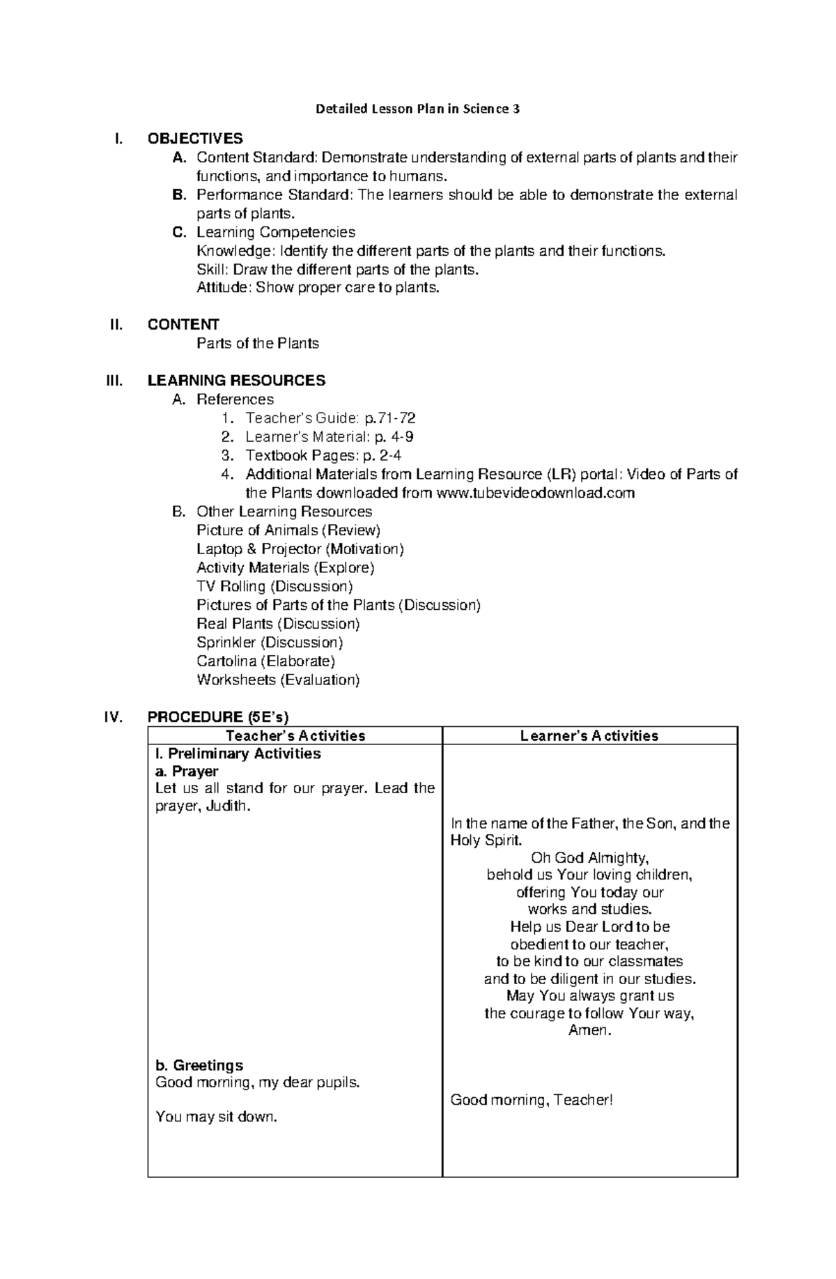 Detailed Lesson Plan: Understanding Plant Parts in Science 3 - Studocu