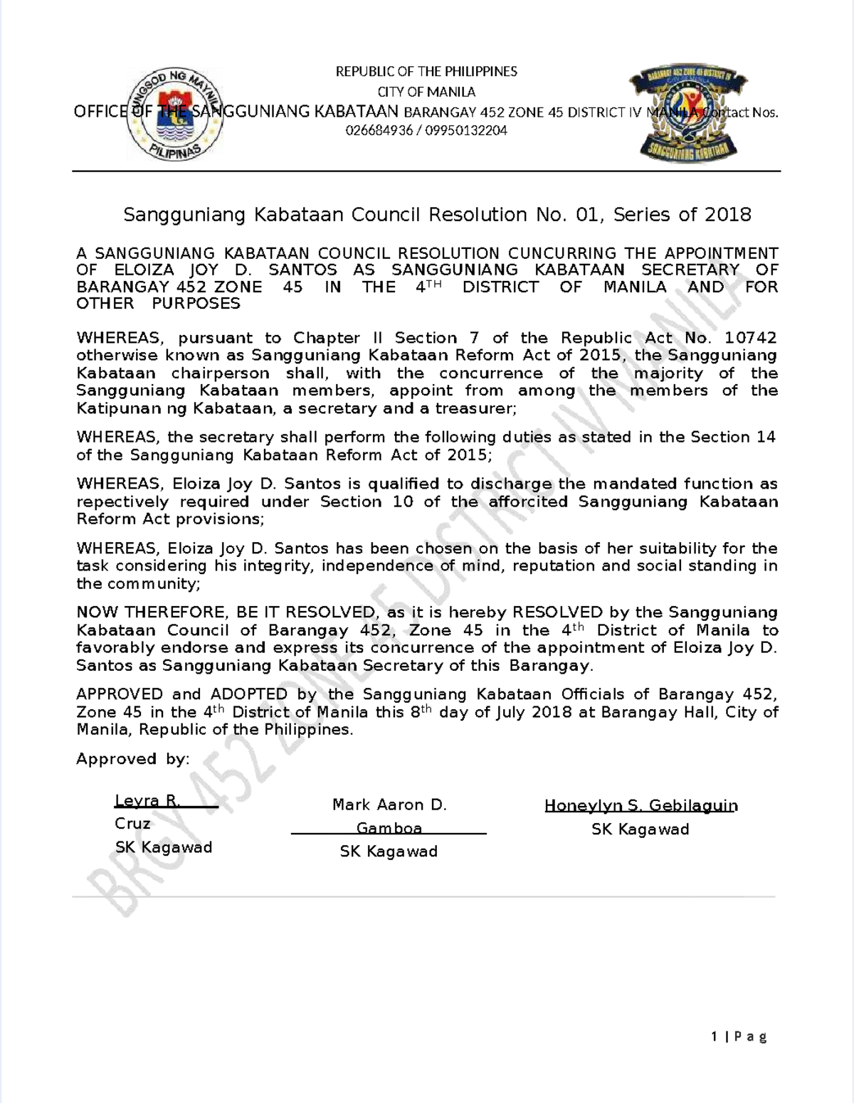 SK Resolution No. 01, 2018: Appointment of Eloiza Joy D. Santos - Studocu