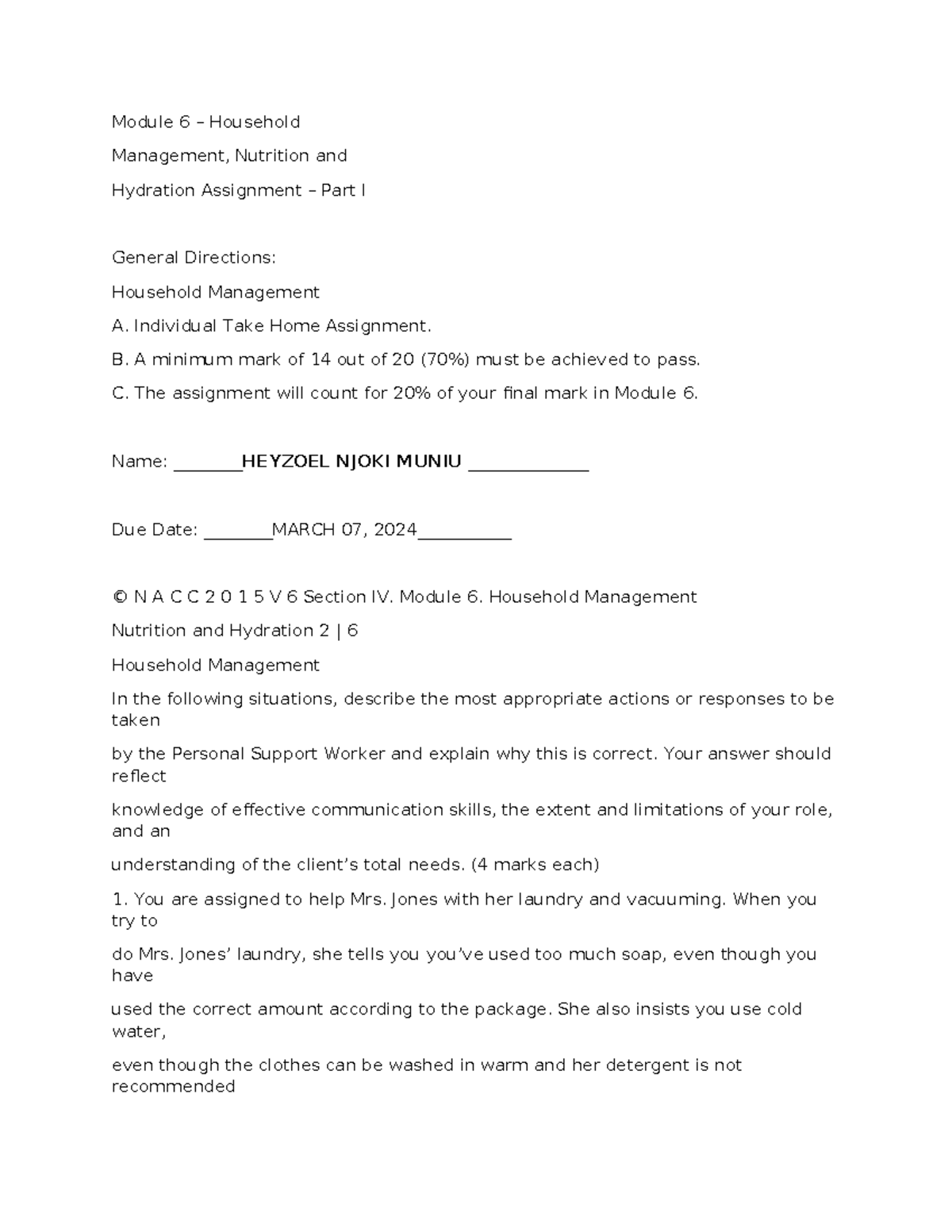 Module 6 Assignment: Household Management, Nutrition & Hydration - Studocu