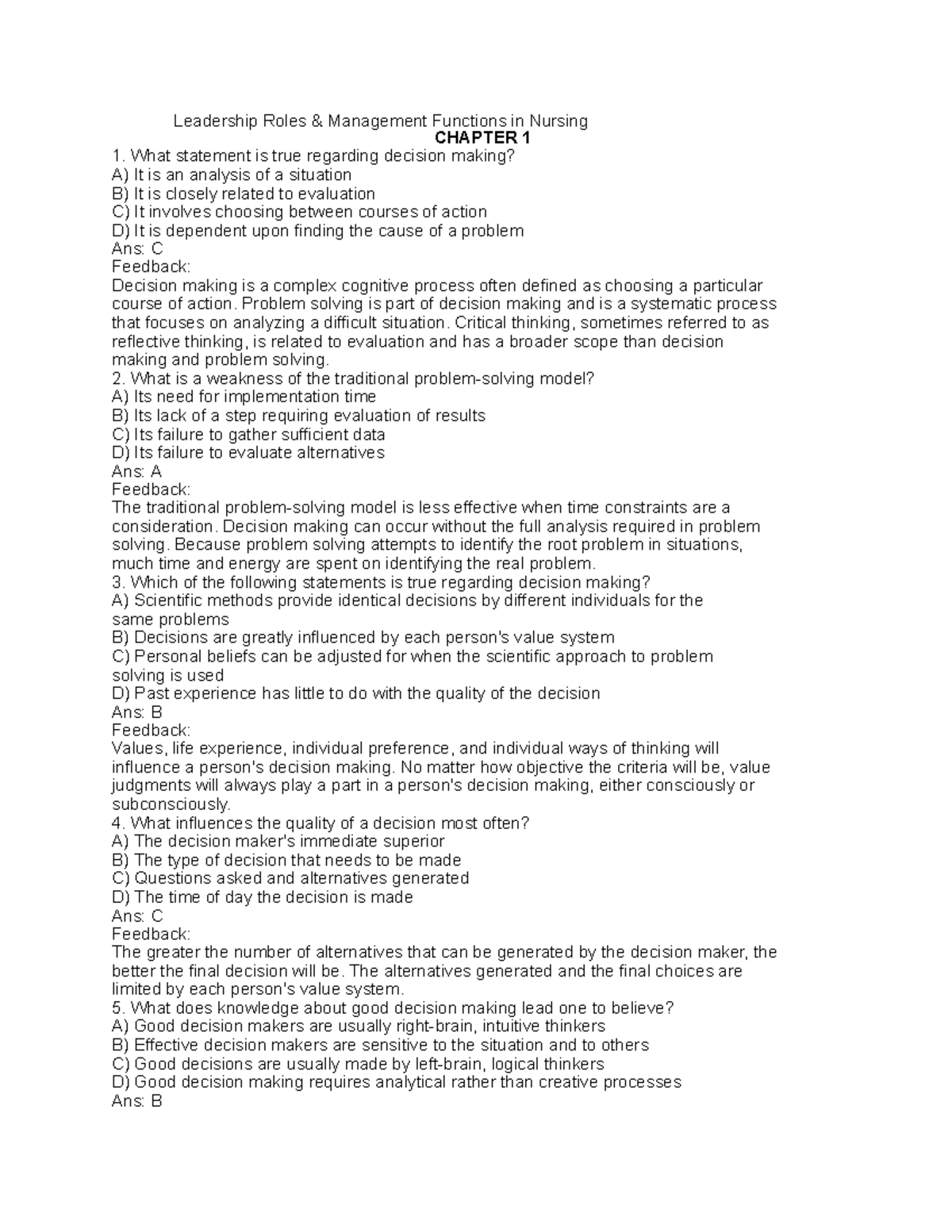 Test Bank for Leadership Roles & Management Functions in Nursing (10th ...