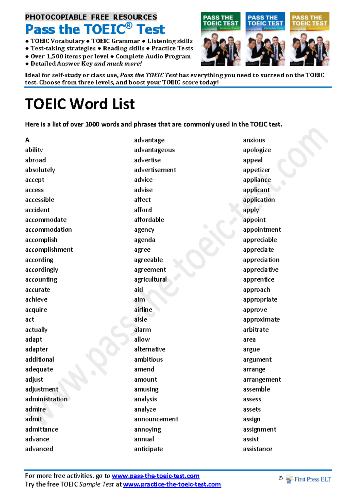 TOEIC Vocabulary Word List (1000 Items) for Test Preparation - Studocu