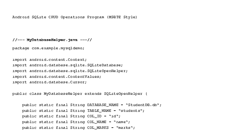 Android SQLite CRUD Operations (MSBTE) - MyDatabaseHelper.java - Studocu