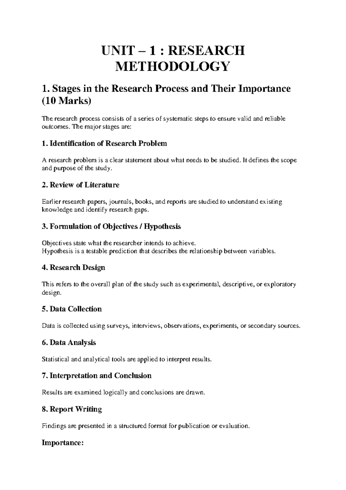 UNIT 1: RESEARCH METHODOLOGY - Key Stages & Concepts (10 Marks) - Studocu