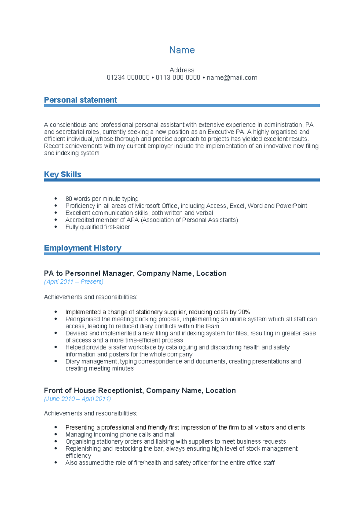 Executive PA Personal Statement & CV Template - Studocu