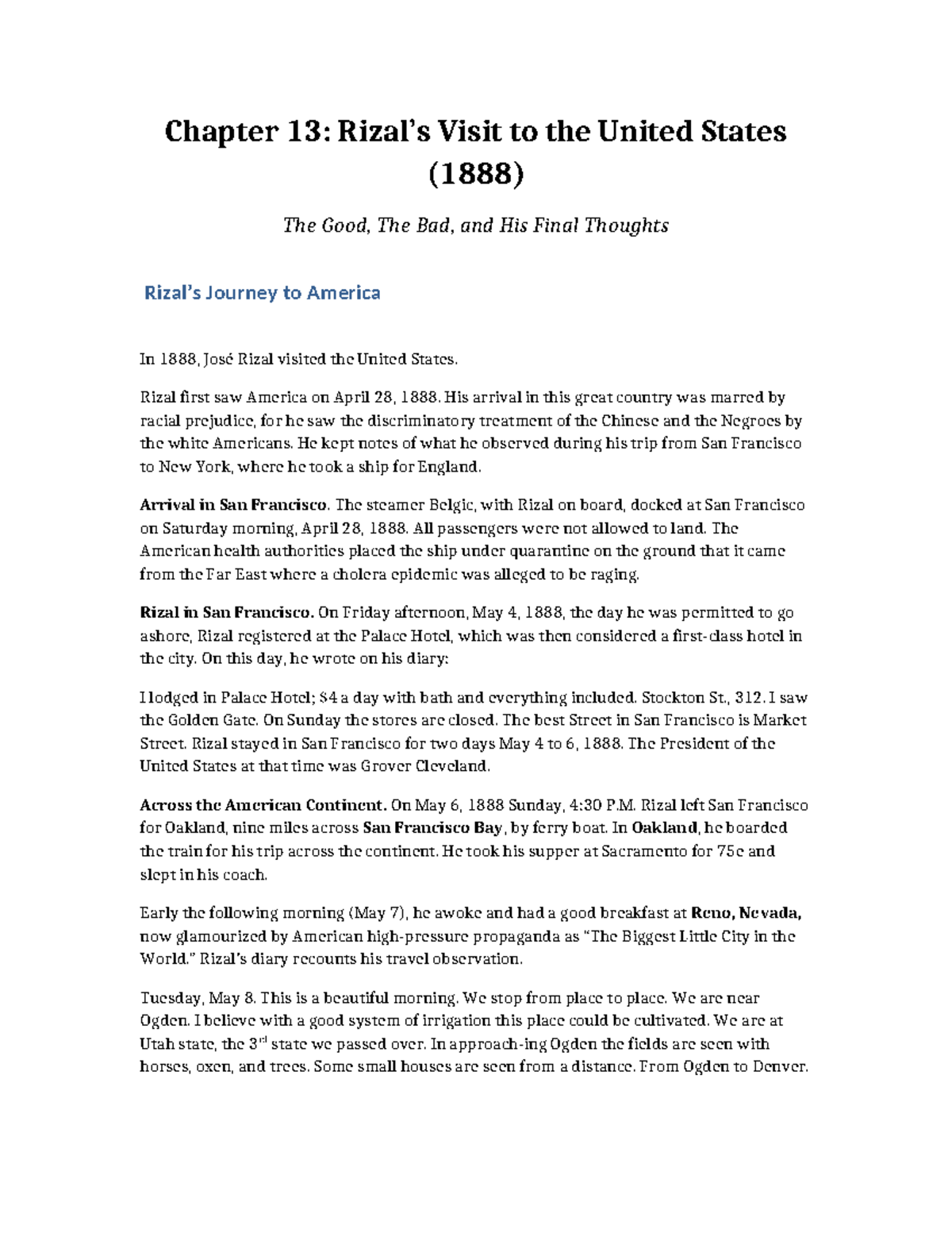 Chapter 13: Rizal's Impressions of America (Course Code: TAR) - Studocu