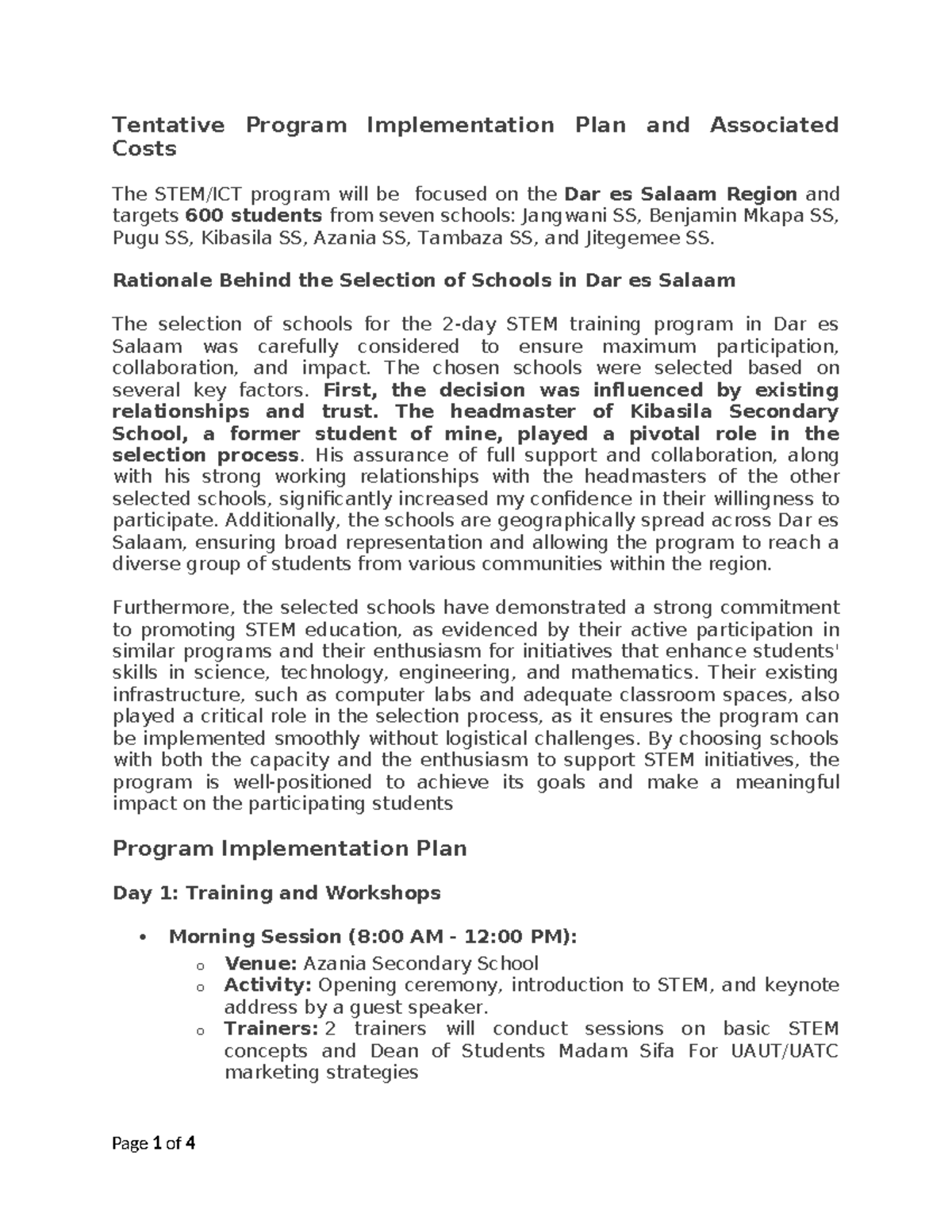 Tentative STEM Training Program Plan for Dar es Salaam Region - Studocu