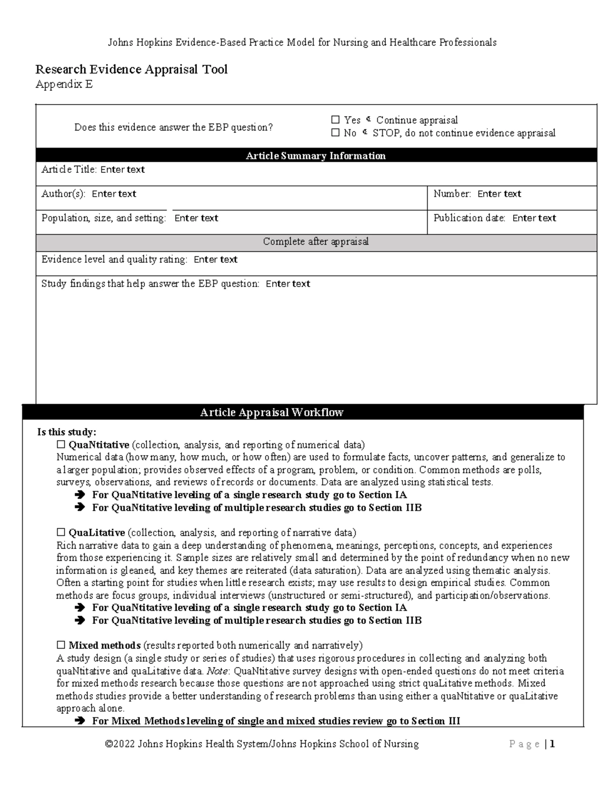 Johns Hopkins Nursing EBP Individual Evidence Summary Tool (Appendix G ...
