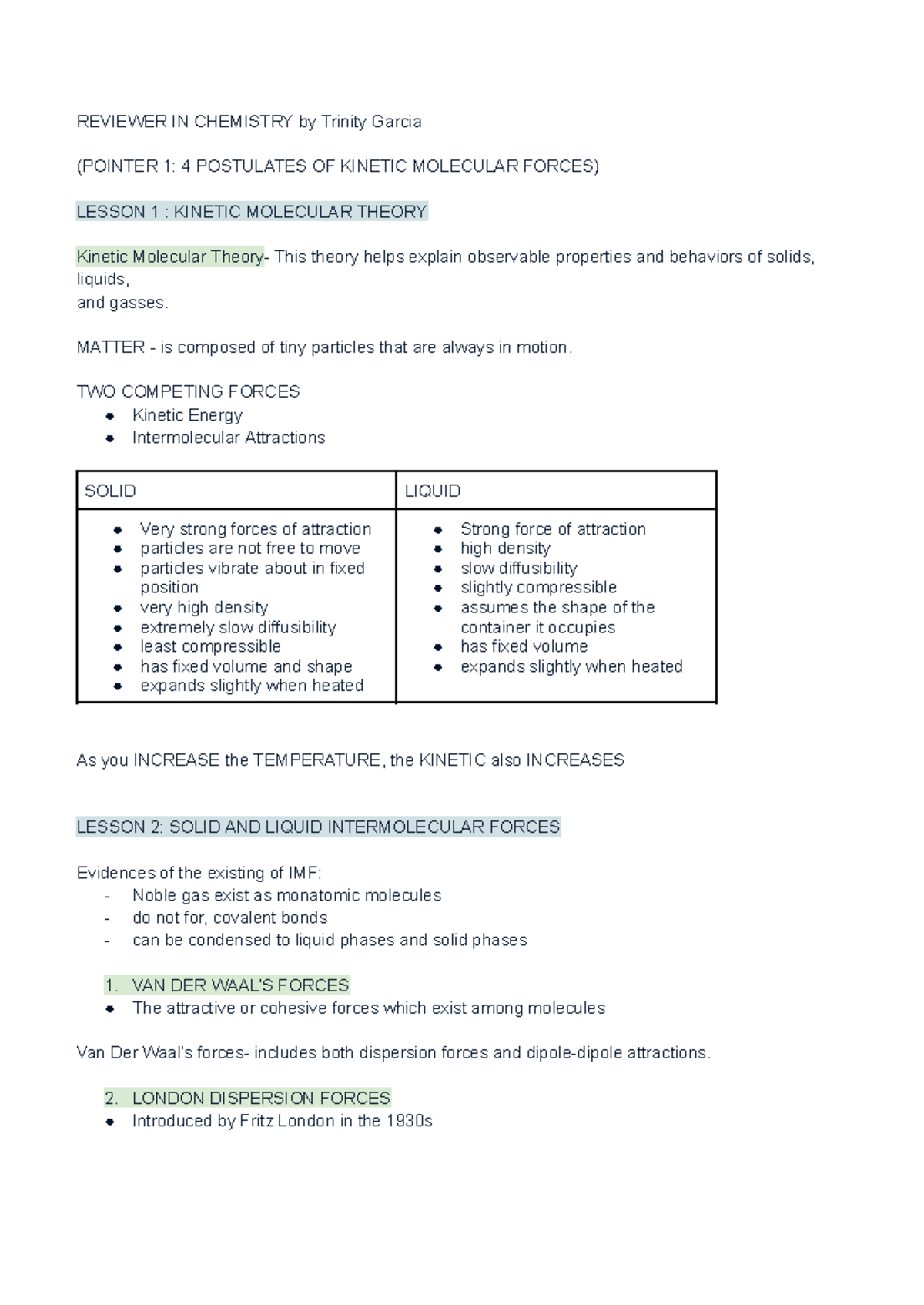 REVIEWER IN CHEM 101: KINETIC MOLECULAR THEORY & INTERMOLECULAR FORCES ...