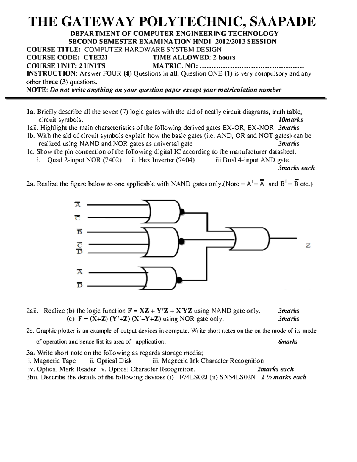 Computer Hardware System Design Exam: CTE321 Second Semester 2012/2013 ...