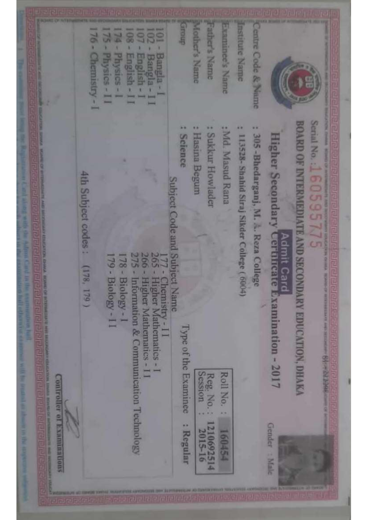 HSC Admit Card 2017 - Md. Masud Rana, Roll No. 160454 - Studocu