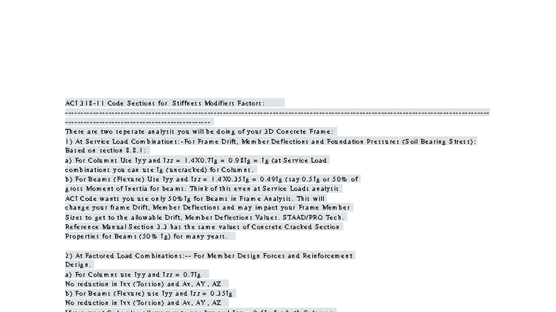 ACI 318 Code Analysis: Stiffness Modifiers for 3D Concrete Frames - Studocu