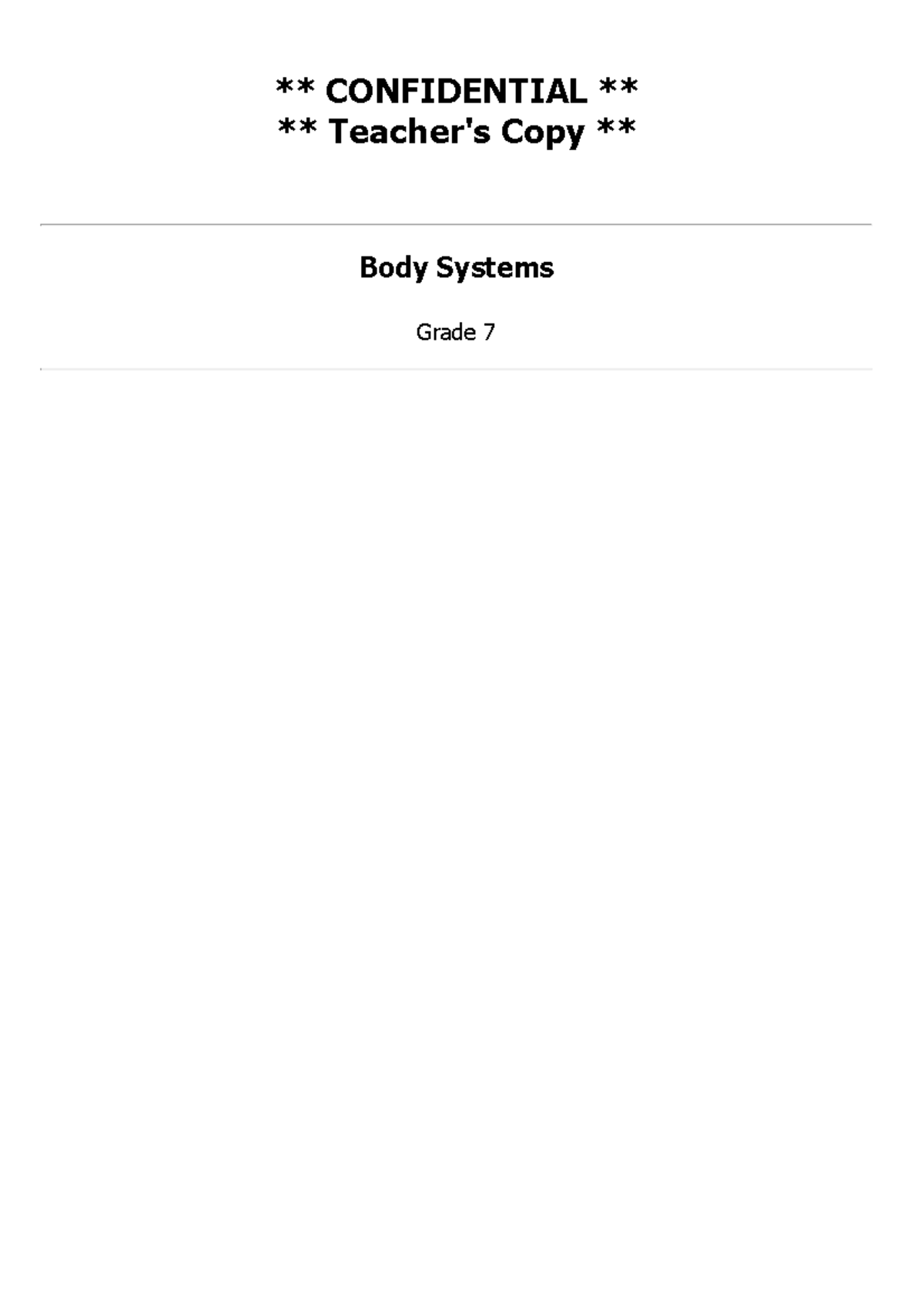 Body Systems Grade 7 Unit Test Answer Key - Multiple Choice Questions ...