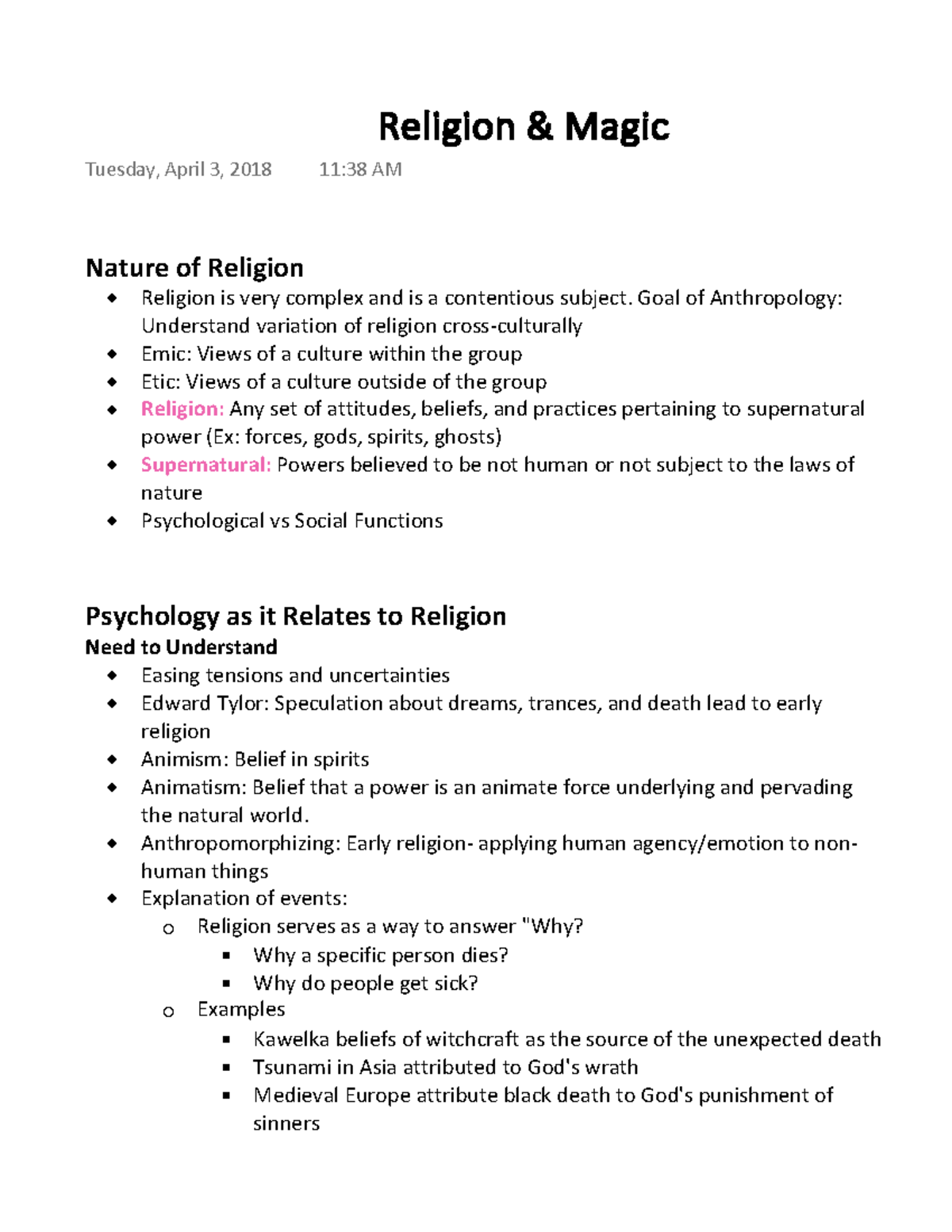 Religion & Magic - Notes - Religion Magic Tuesday, April 3, 2018 11:38 ...