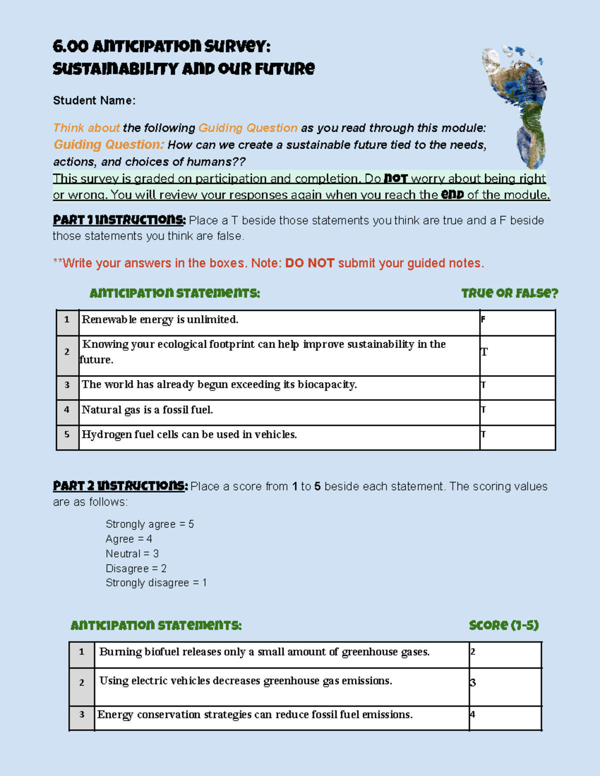 Environmental Science 6.00: Anticipation Survey on Sustainability - Studocu