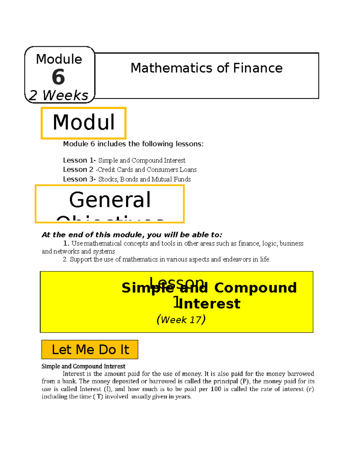 Mathematics of Finance Module 6: Simple & Compound Interest Lessons ...