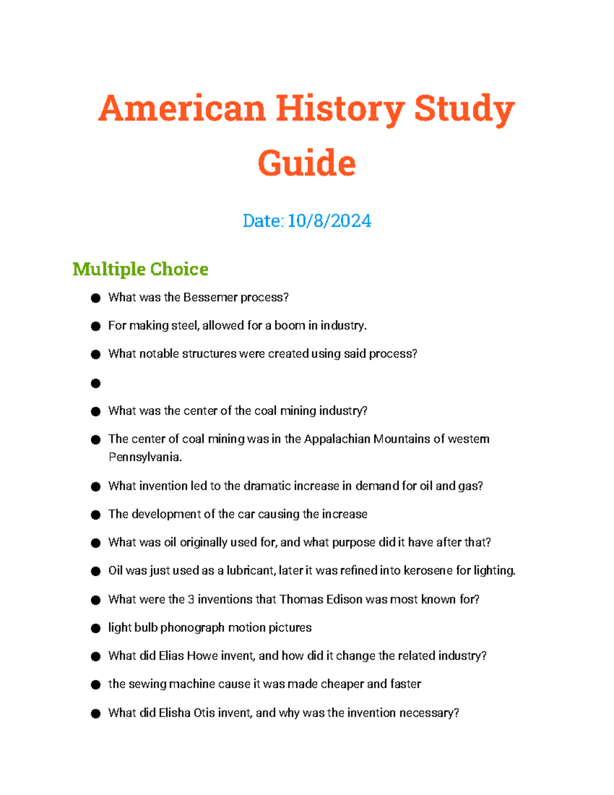 Julian Miller - Gilded Age Study Guide 2 - American History Study Guide ...