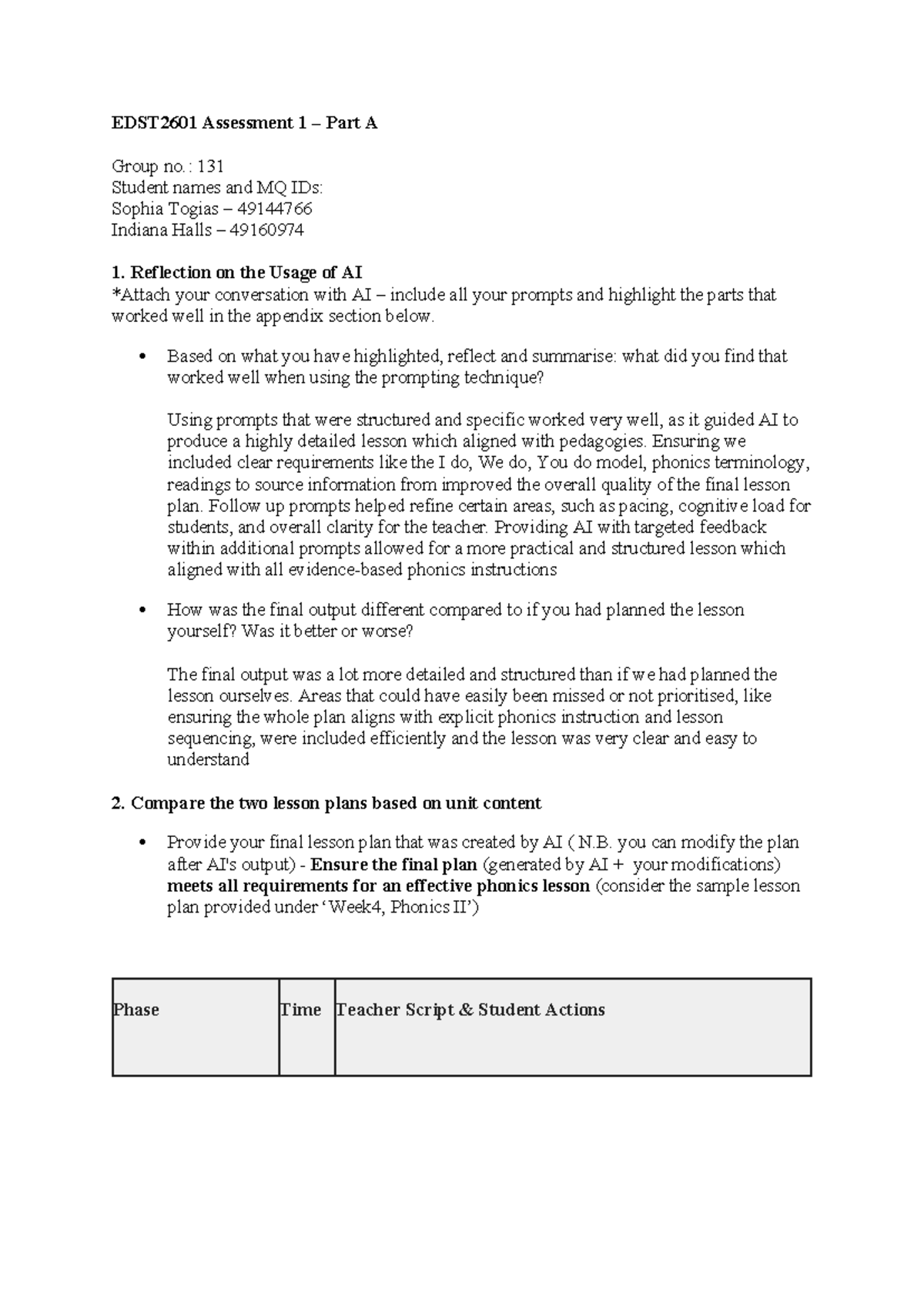 EDST2601 A1 Part A: Reflection on AI-Generated Phonics Lesson Plan ...