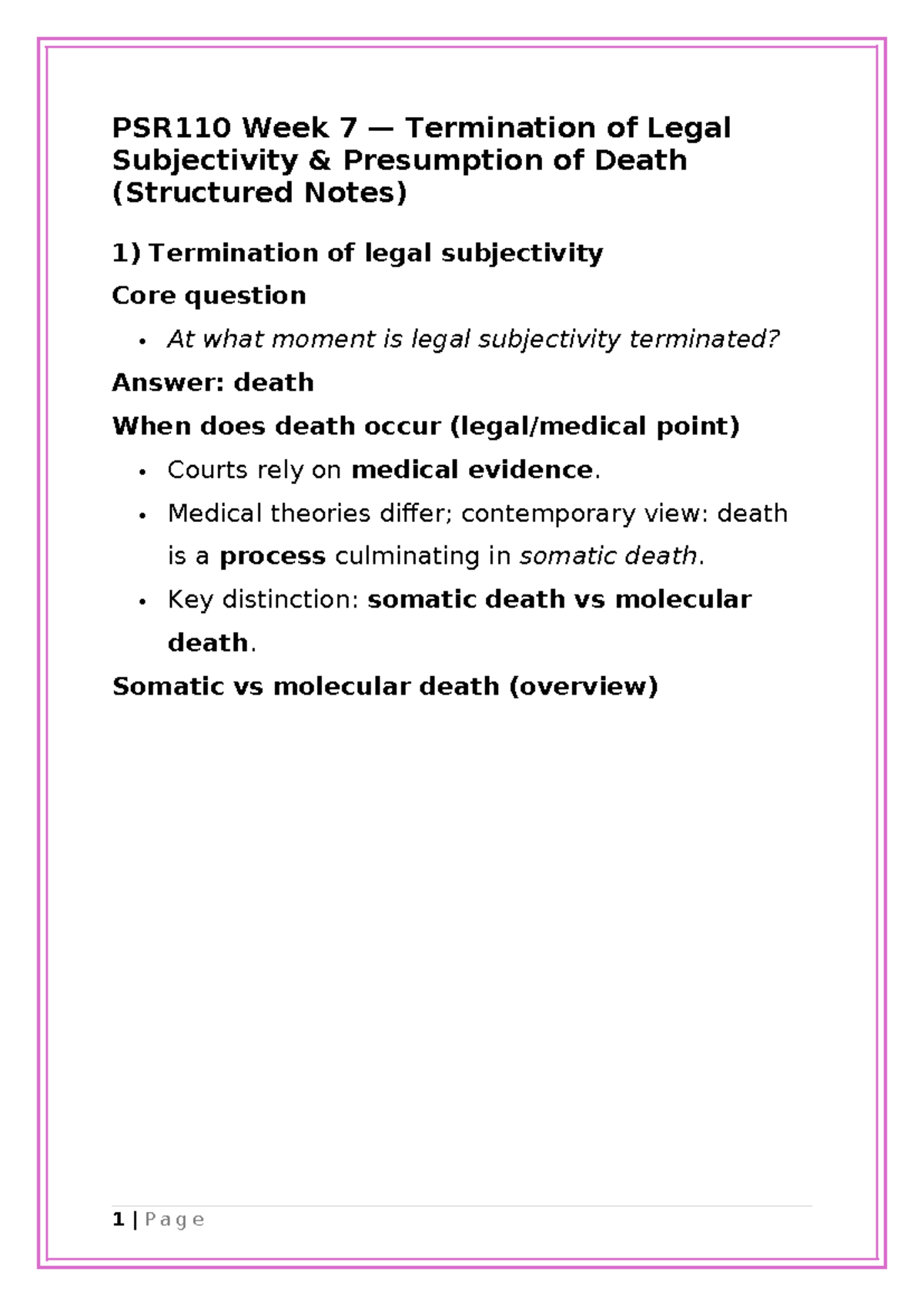 PSR110 Week 7 & 8 Structured Notes: Legal Subjectivity & Domicile - Studocu