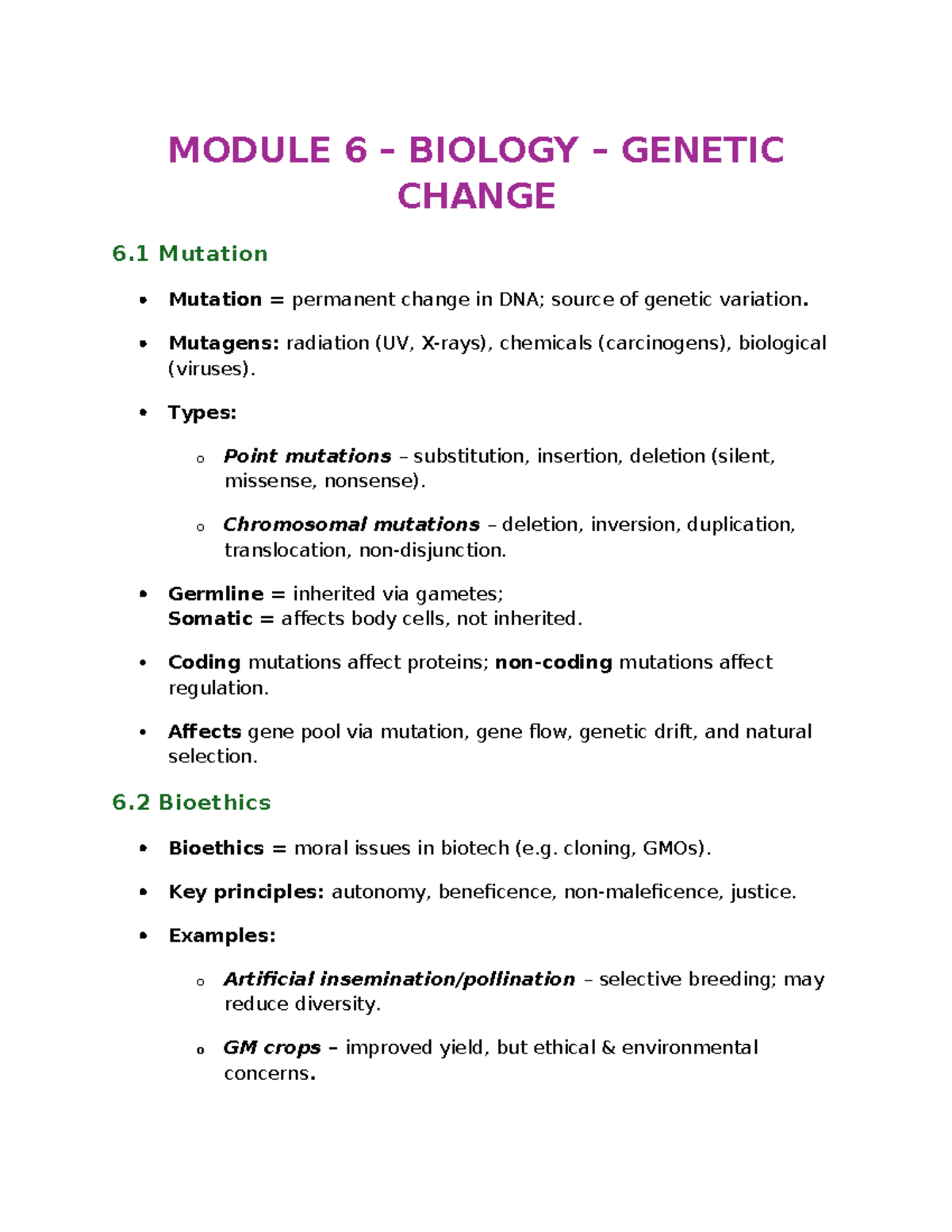 MOD 6 - Genetic Change in Biology: Mutations and Bioethics - Studocu