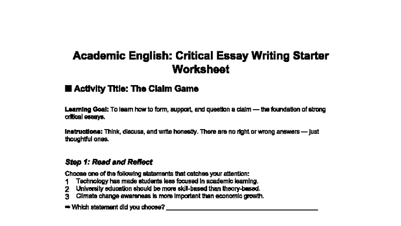 ENG 101: Critical Essay Writing - The Claim Game Worksheet - Studocu