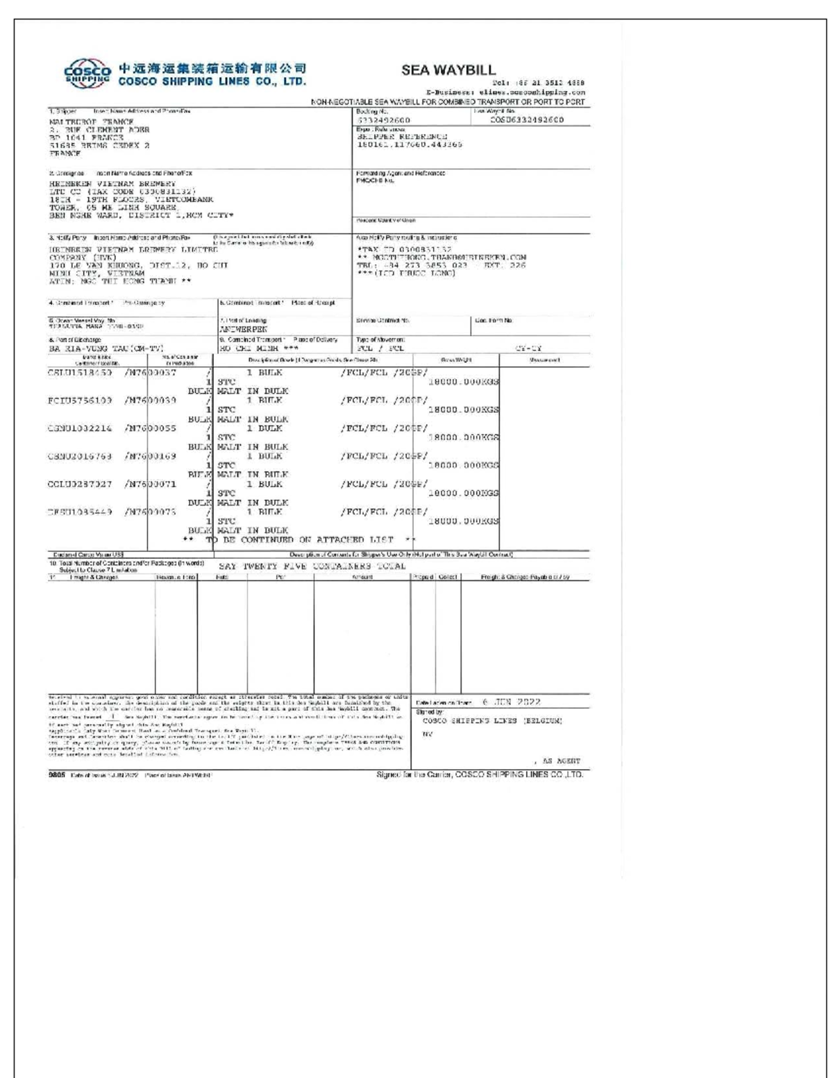 COSCO SEA Waybill for Combined Transport - Shipping Details - Studocu