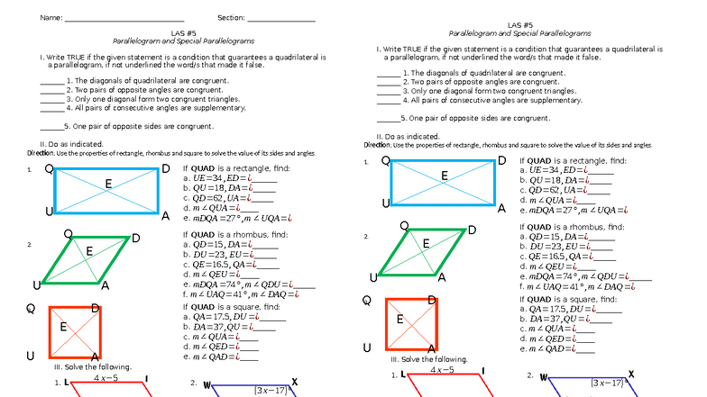LAS-5 Learning Activity Sheets: Parallelograms & Properties - Studocu