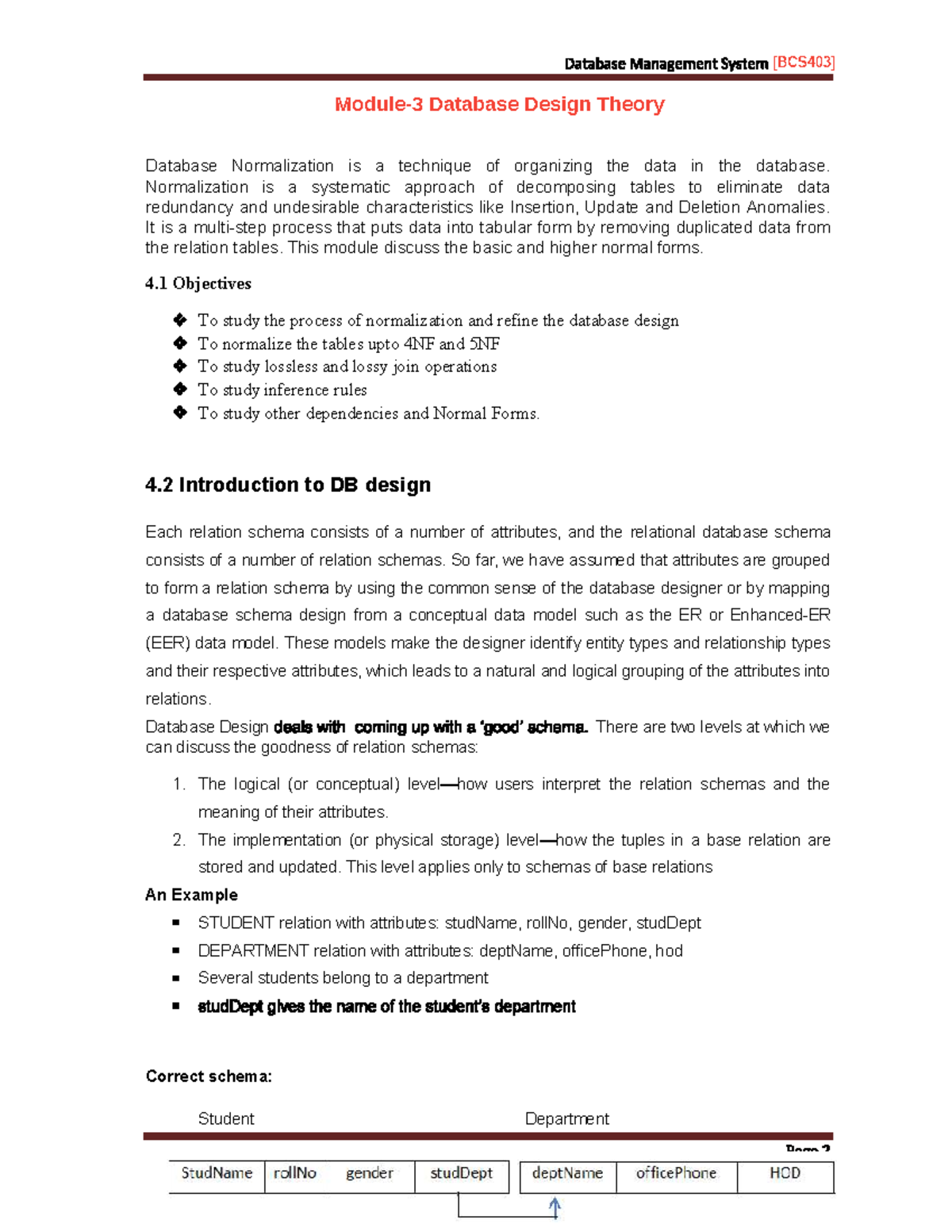BCS403 Database Design Theory: Normalization and Relation Schemas - Studocu