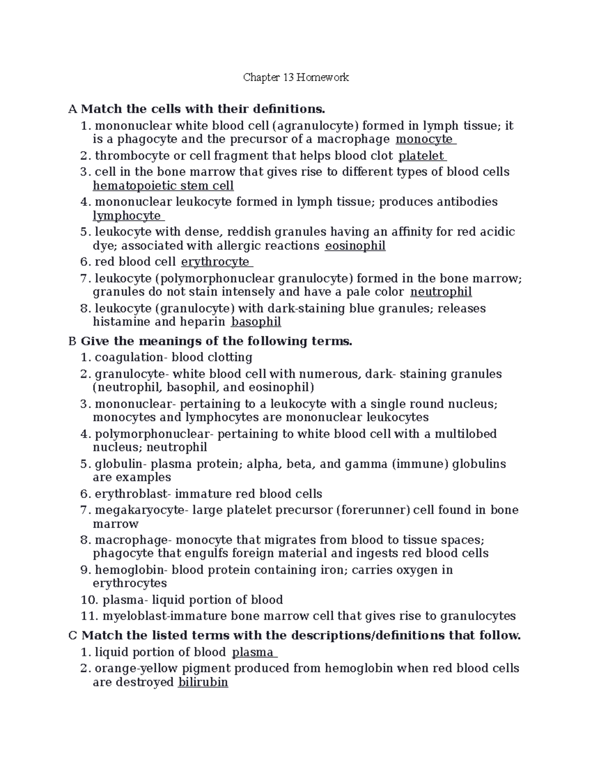 Ch13 -18 - book - Chapter 13 Homework A Match the cells with their definitions. mononuclear ...