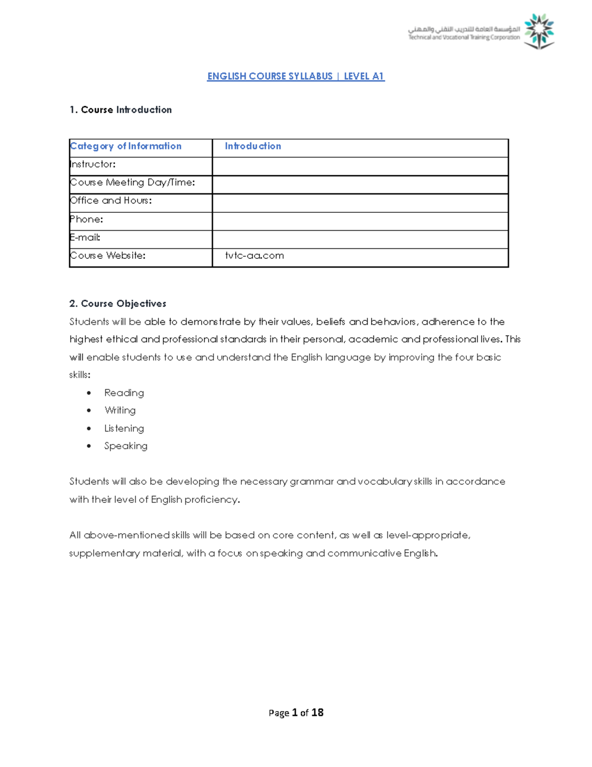A1 English Course Syllabus & Academic Calendar 2022 - Updated Version ...