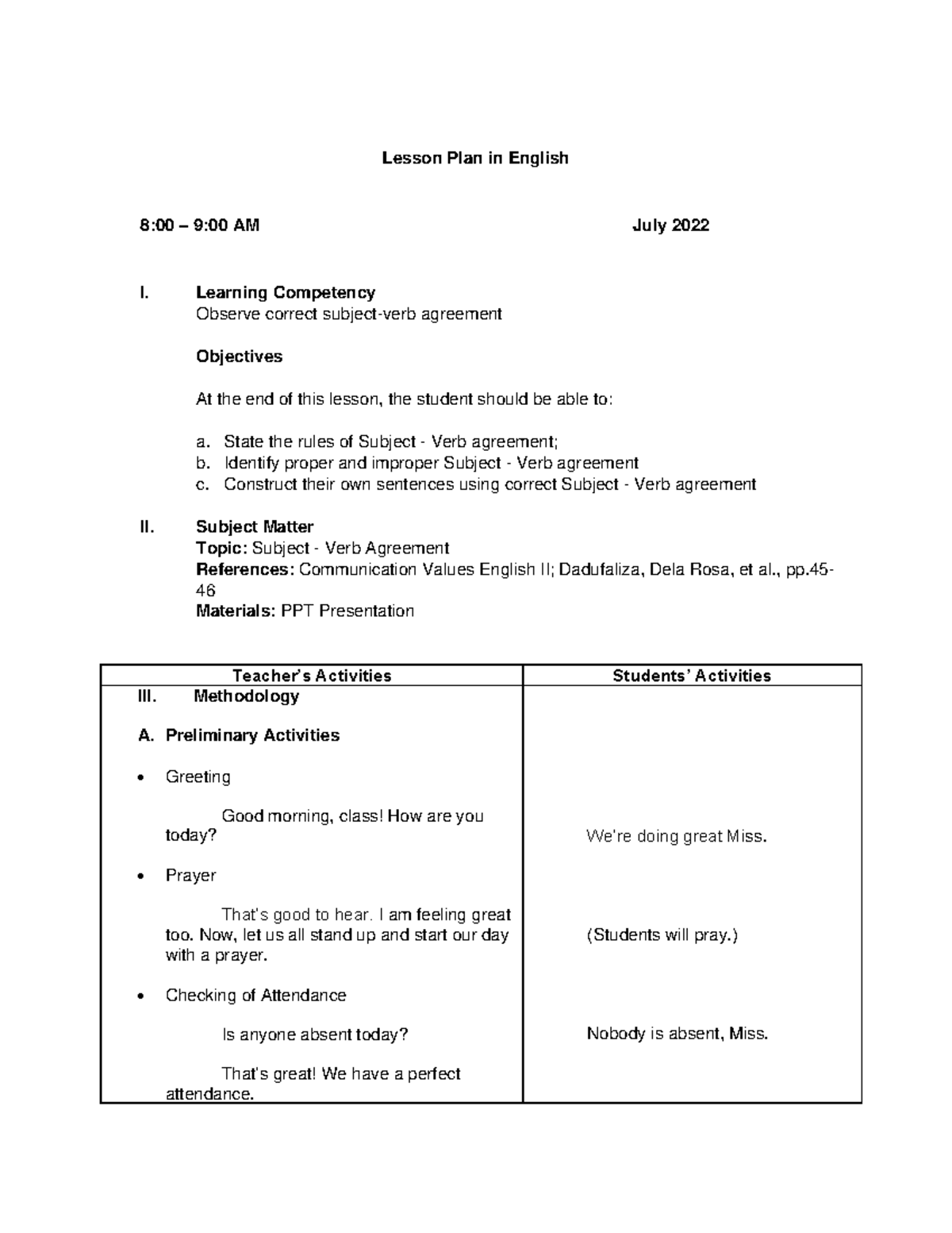 Lesson Plan for English Subject-Verb Agreement (July 2022) - Studocu