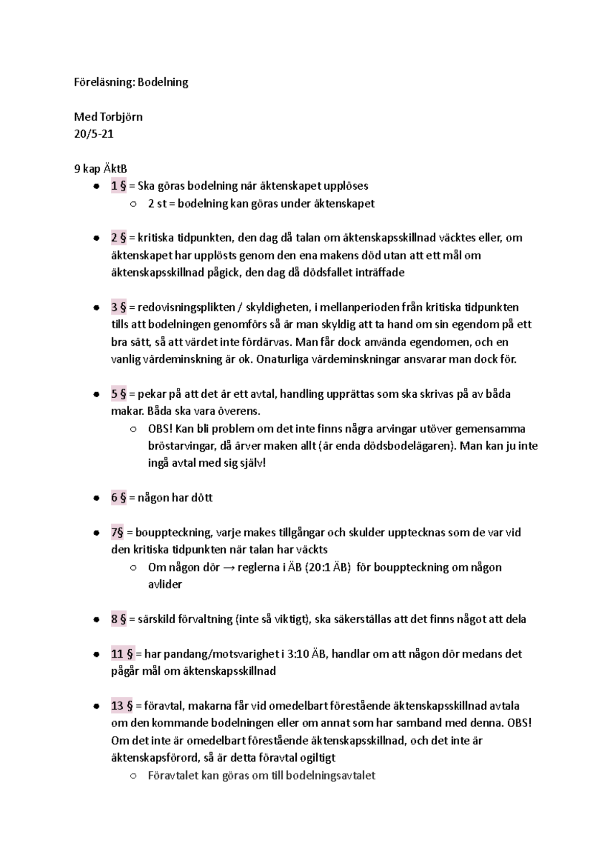 Bodelning - EN DEL AV OMFATTANDE FAMILJERÄTTSANTECNINGAR - Föreläsning ...