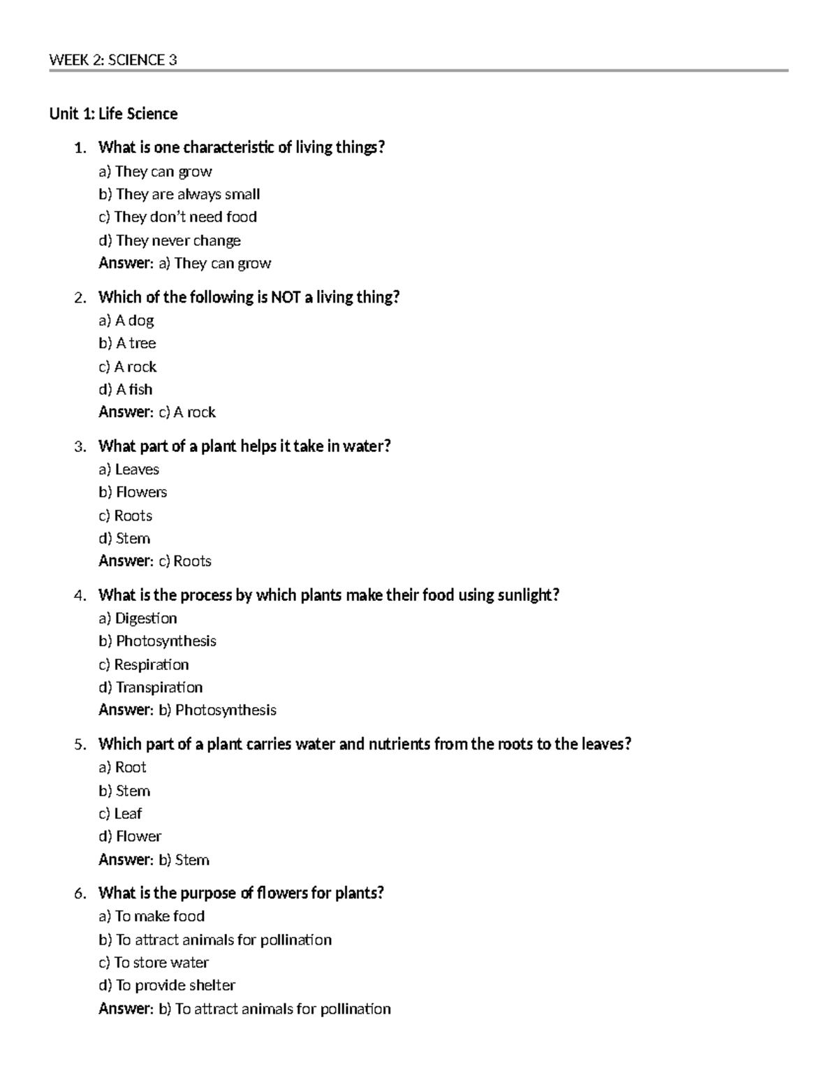 WEEK 2: SCIENCE 3 - Life, Earth, and Physical Science Quiz - Studocu