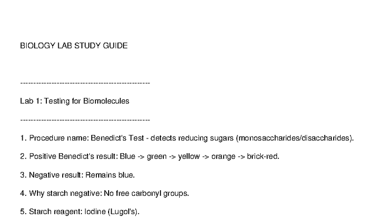 BIO 101: Biology Lab Study Guide - Testing for Biomolecules - Studocu