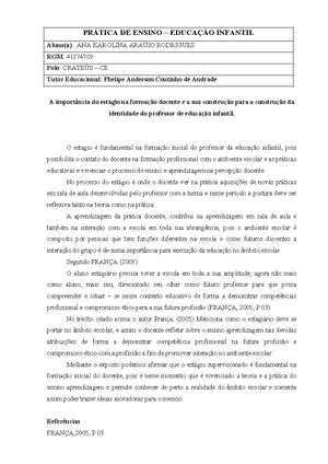 Pratica de ensino I - Elabore um texto (de 20 a 25) linhas ...