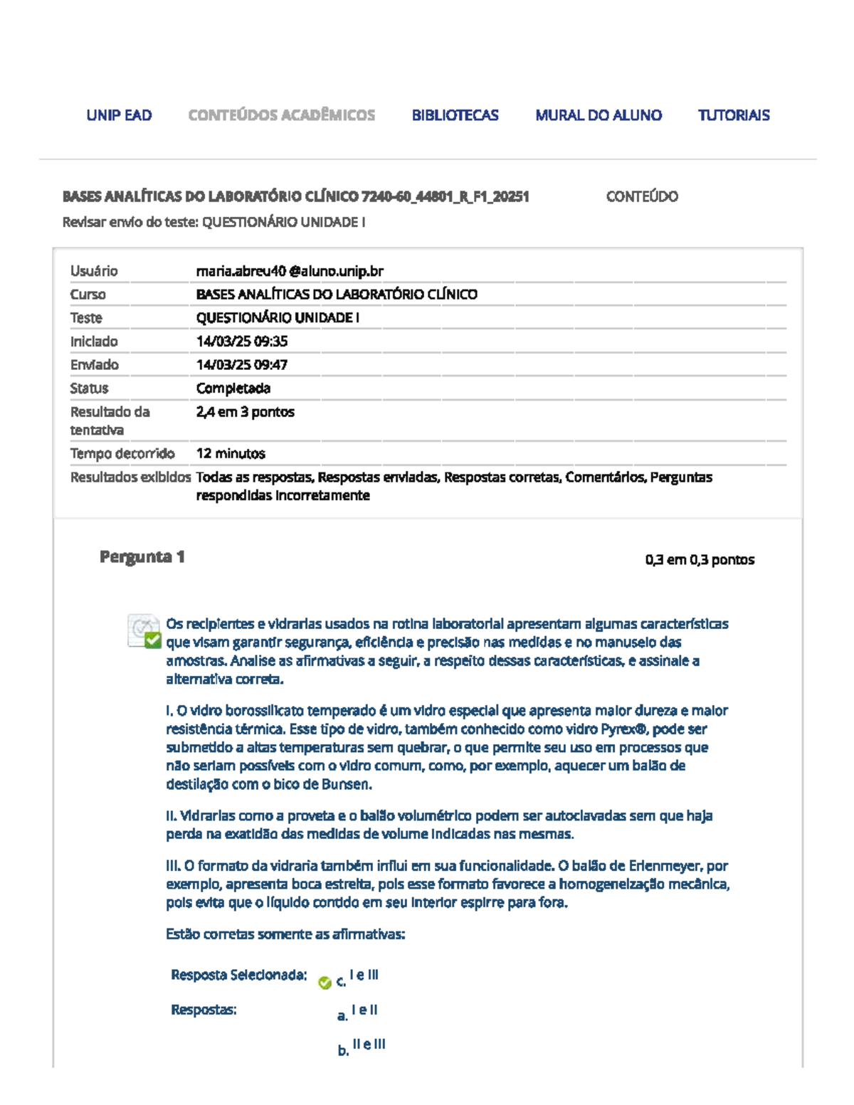 Questionário Unidade I Bases Analíticas DO Laboratório Clínico - UNIP ...