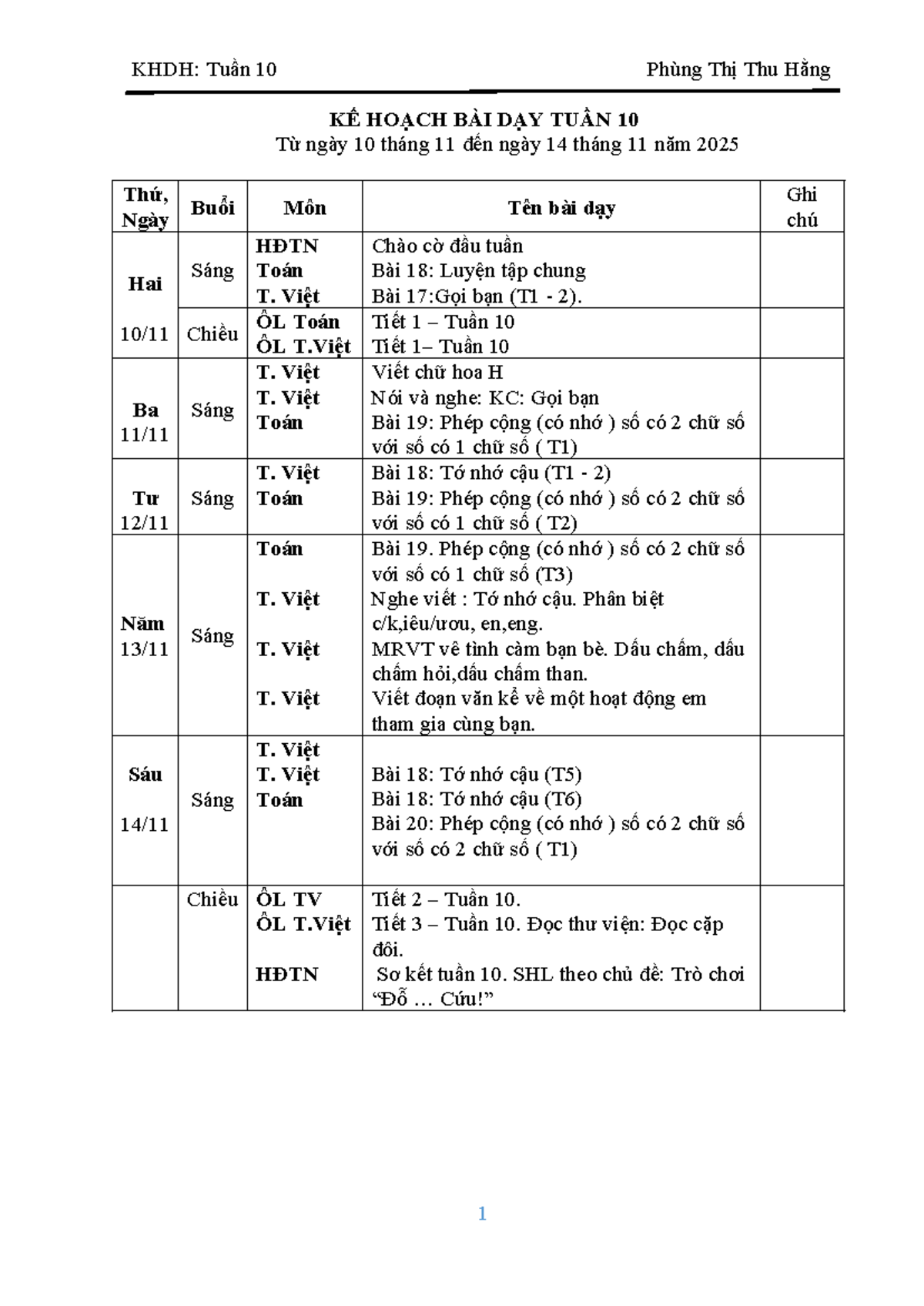 KHDH: Kế Hoạch Bài Dạy Tuần 10 - Phùng Thị Thu Hằng - Studocu