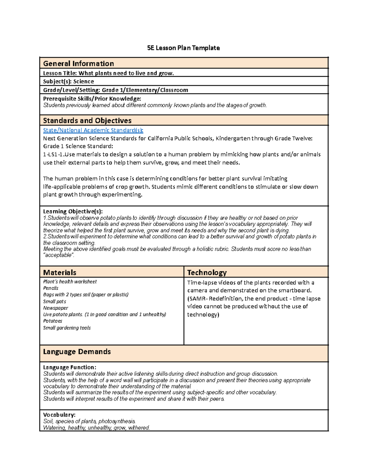 5E Lesson Plan: What Plants Need to Live and Grow for Grade 1 Science ...